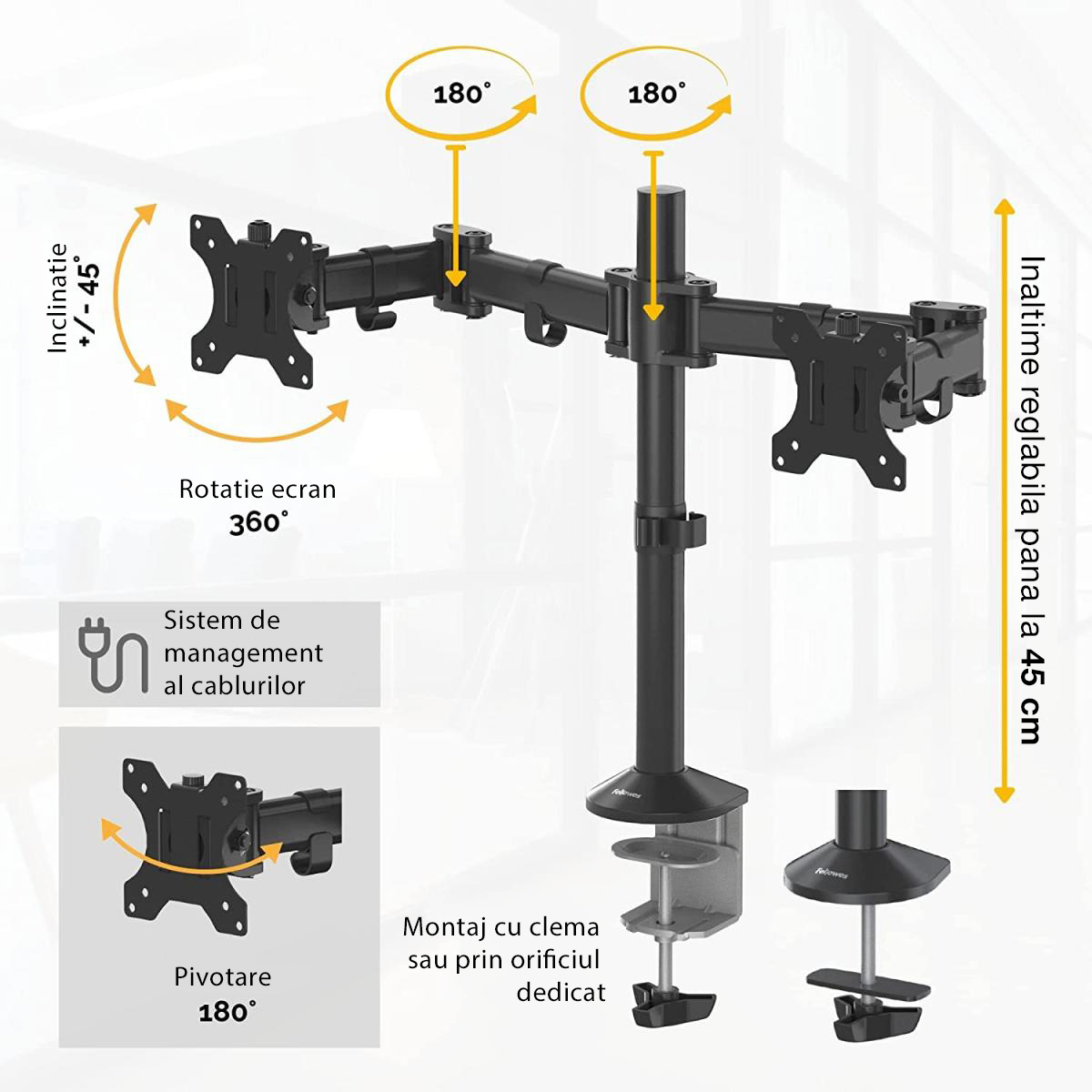 Suport Monitor 2 Brate Reflex Fellowes - nvpbirotica.ro